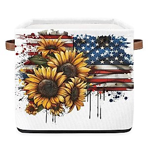 oooJHooo Storage Baskets for Shelves, Sunflower American Flag Waterproof Storage Bins, Collapsible Toy Storage Cubes Organizer with Handles, for Home Closet Nursery Office