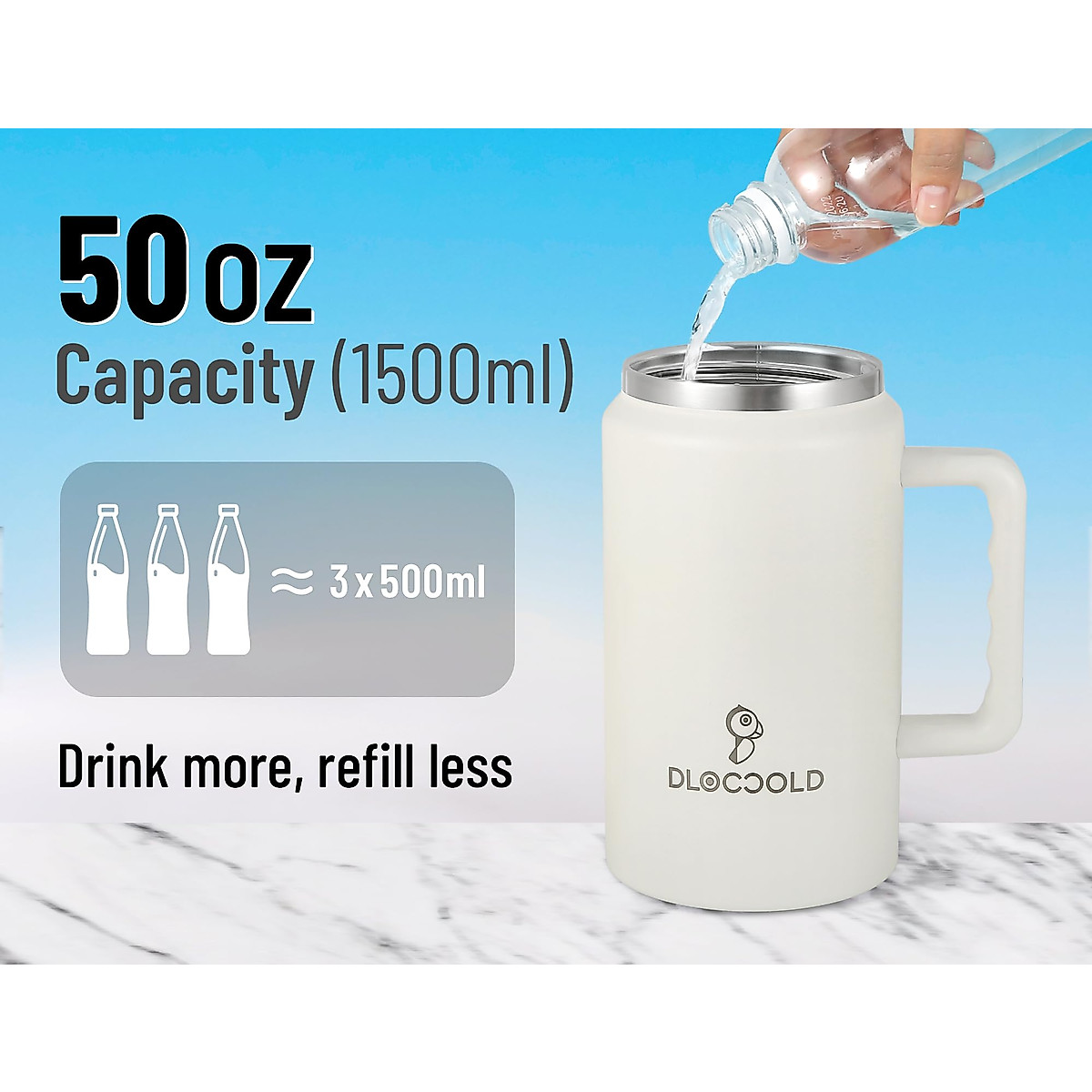 DLOCCOLD 50 oz Mug Tumbler with Handle and Straw Lid, Stainless Steel Insulated Large Travel Jug with Handle, Double Wall Reusable Water Bottle, White
