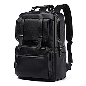 HKZHITOU Laptop Backpack For Men Vintage Leather College Backpack Black Travel Waterproof Bags Fit 16 Inch Notebook