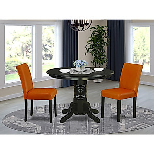 HomeStock Coastal Cool 3Pc Round 42" Dining Room Table and Two Parson Chair with Black Leg and Pu Leather Color Baked Bean