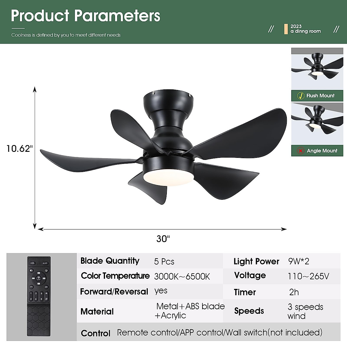 Kviflon Ceiling Fans with Lights and Remote/APP Control, 30 inch Low Profile Ceiling Fans with 5 Reversible Blades 3 Colors Dimmable 6 Speeds Ceiling Fan for Bedroom Kids Room Dining Room, Black