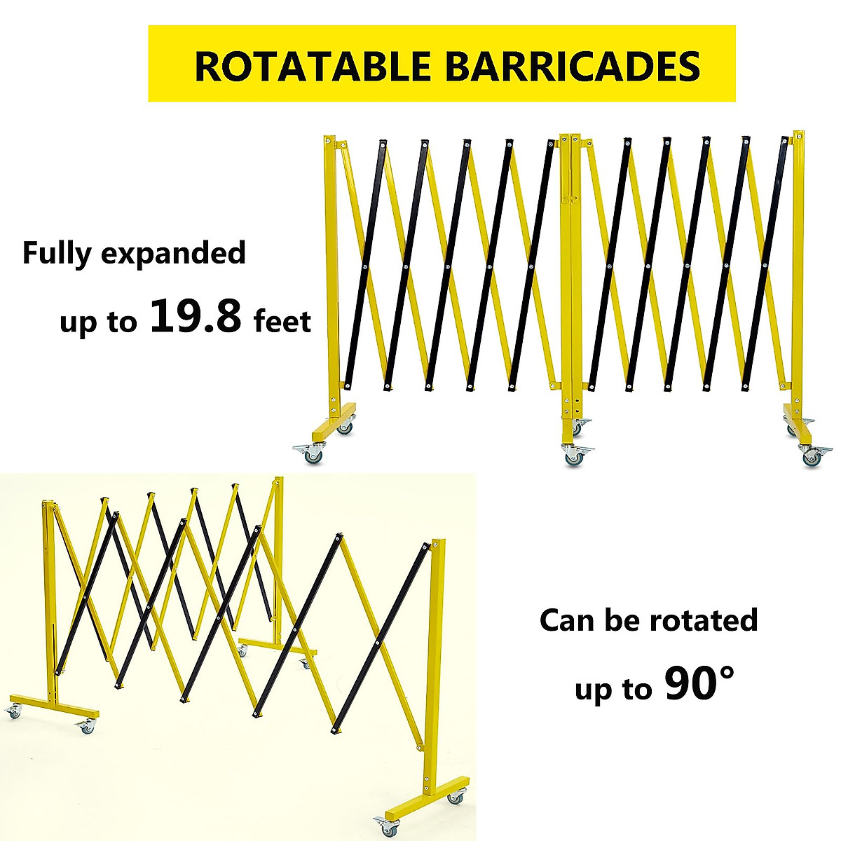 Garvee 19.8 FT Industrial Expandable Metal Barricade, Rotatable & Portable Safety Barrier with a Warning Board and Casters, Retractable Traffic Fence Mobile Safety Barrier Gate Yellow Black