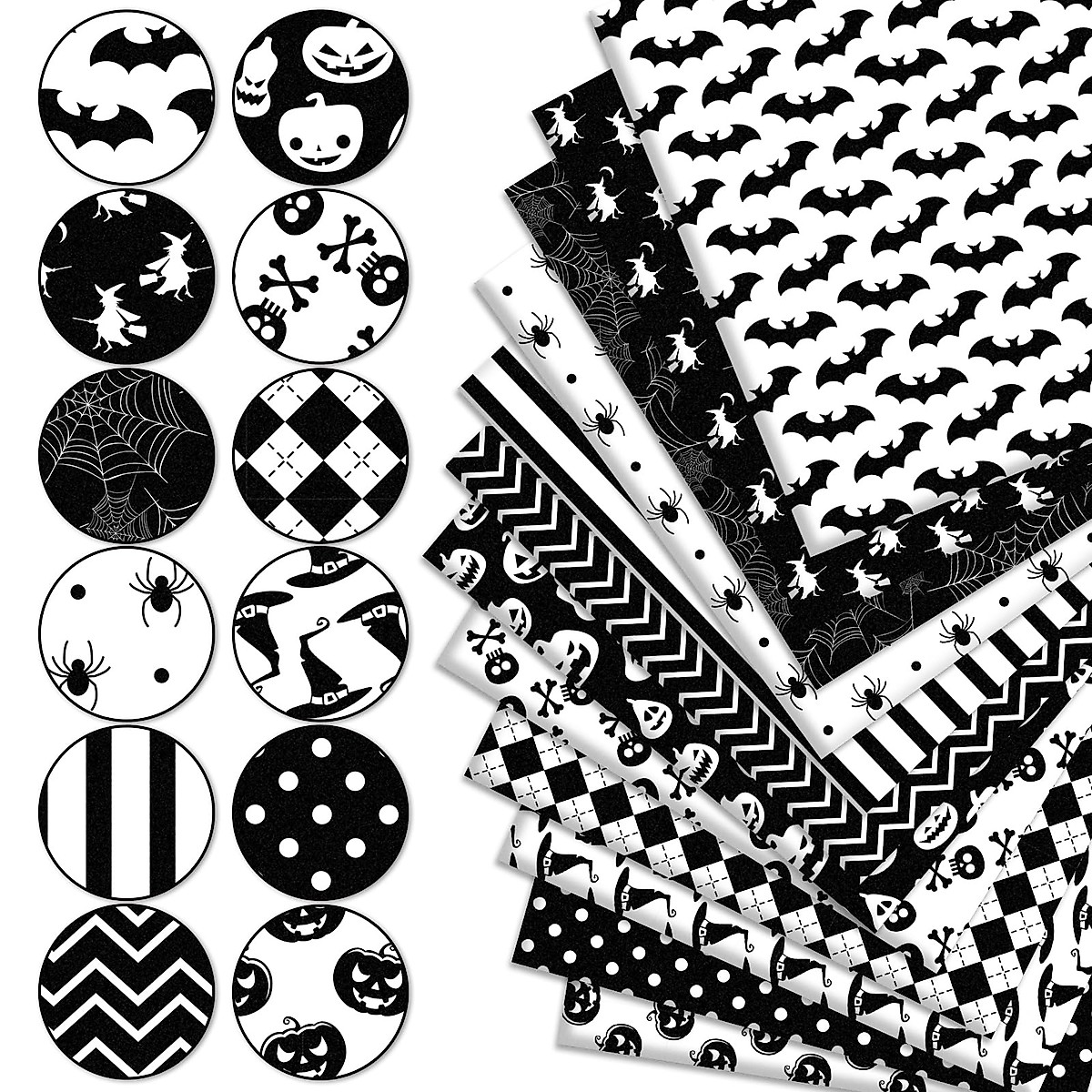Whaline 12Pcs Halloween Cotton Fabric Bundles 18 x 22 Inch Spider Pumpkin Bat Witch Plaid Stripe Dot Fat Quarters White Black Quilting Patchwork Squares Sewing Fabrics for DIY Craft Party Decor