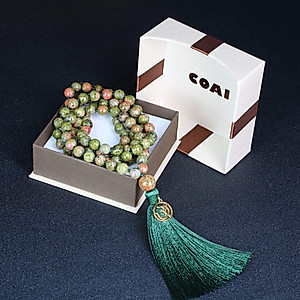 COAI OM Charm Hand Knotted Tassel Unakite Stone 108 Mala Beads Necklace 8mm