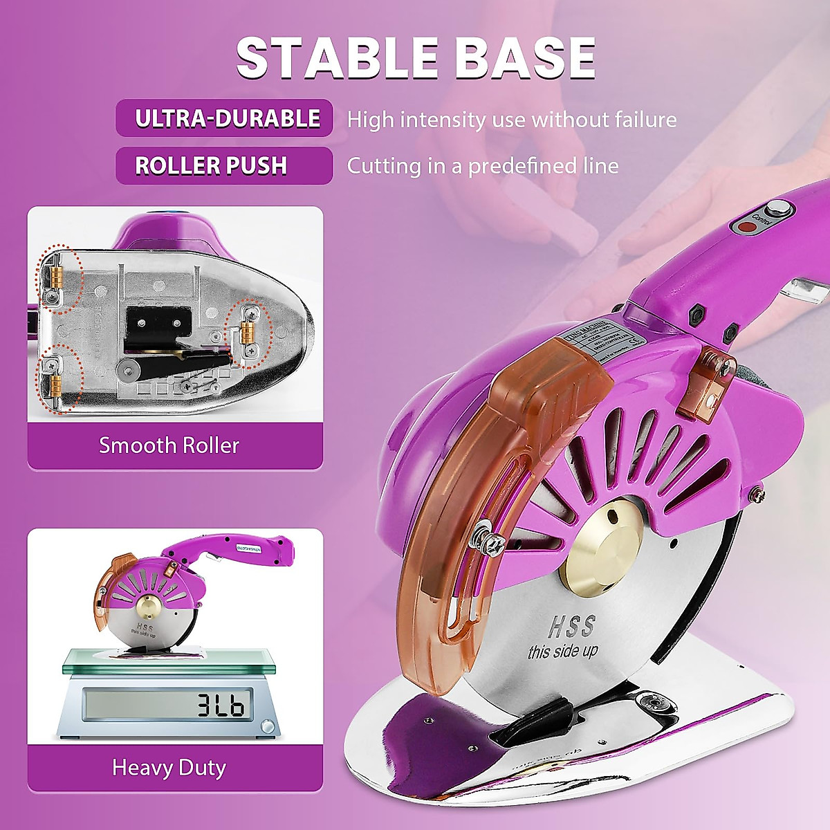 BAOSHISHAN Electric Fabric Rotary Cutter Heavy Duty Speed Adjustable Fabric Scissors Round Blade Cutting Machine for Multilayer Fabric Leather Cloth Carpet (100mm Plug-in Purple)