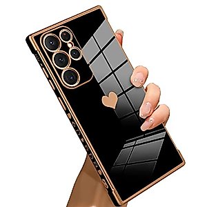 Bonoma Compatible with Samsung Galaxy S22 Ultra 5G Case Love Heart Plating Electroplate Luxury Elegant Case Camera Protector Soft TPU Protective Corner Back Cover Galaxy S22 Ultra 5G Case -Black