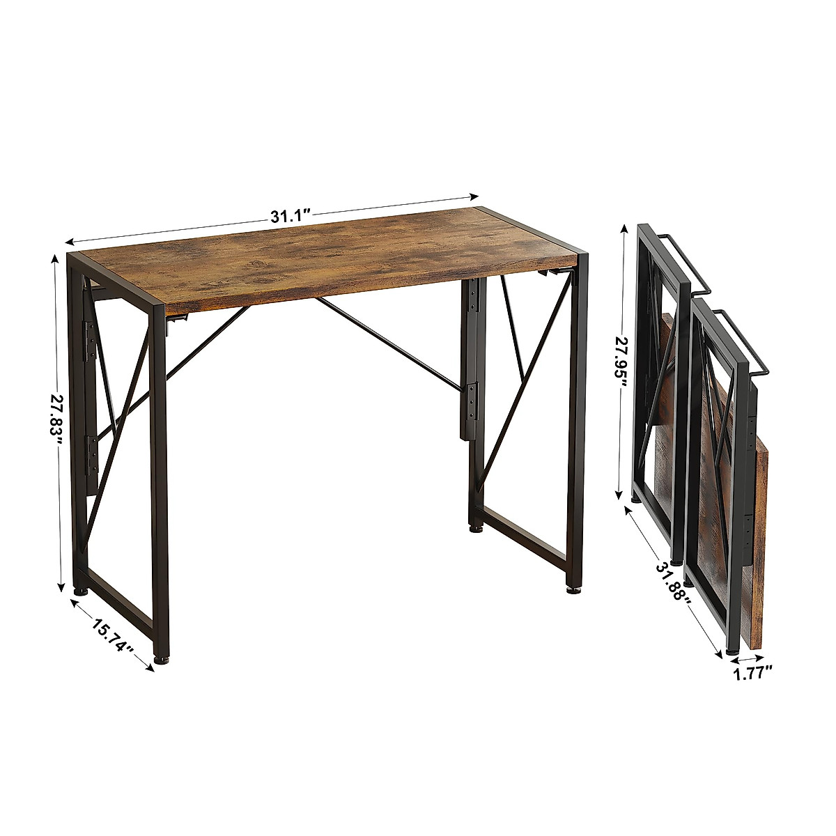 Homeiju Folding Desk, Small Foldable Desk 31.5" for Small Spaces, Portable Desk for Bedroom, Home Office, Small Folding Table for Camping, Traveling, Space Saving, Easy Assembly, Rustic Brown