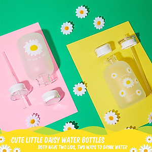 2 Pcs 480 ml 16.9 oz Glass Water Bottles with Scale Portable Water Milk Juice Cup with 4 Lids and 2 Straws Clear Daisy Flower Matte Cute Bottles Creative Cup for Christmas Gifts Women Girls Kids