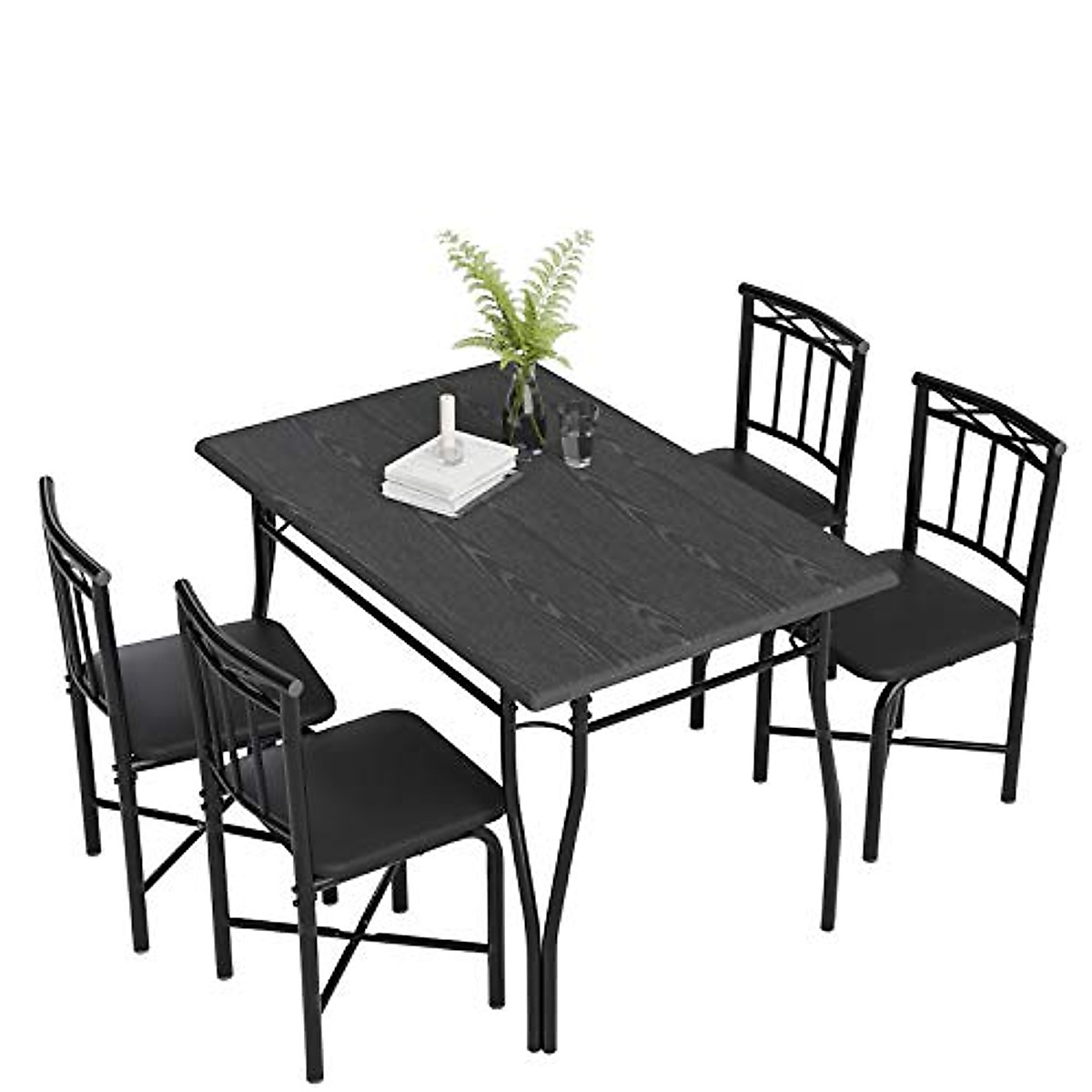 JVSCKO 5 Piece Dining Table Set for Dining Room, Kitchen Table and Faux Leather Chairs for 4, Metal Legs, Padded Seat, Black Home Furniture