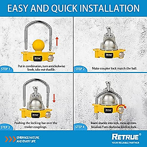 RETRUE Universal Coupler Lock Trailer Locks Ball Hitch Trailer Hitch Lock Adjustable Security Heavy-Duty Steel fits 1-7/8 Inch, 2 Inch, 2-5/16 Inch Couplers, Yellow, Combination Lock,No Key Needed