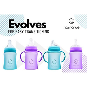 Hamarue 3-in-1 Glass Sippy Cups for Toddlers | Silicone Coated Glass Baby Bottles | Non-Toxic Transition Cup for Baby with Removeable Handles | Baby Straw Cup NB+, 3M, 6M, 12M (Teal, 5 oz)