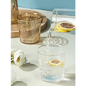 RockTrend Retro Sunflower Relief Glass Bedside Night Water Carafe with Tumbler Glass, Glass Pitcher and Cup Set-Amber