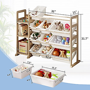 Toy Storage Organizer - Toy Organizers and Storage with Bookshelf, Toy Storage Shelf with 3 Shelves and 12 Storage Bins, Kids Bookshelf and Toy Storage for Kids Room, Playroom, Bedroom, Nursery, White