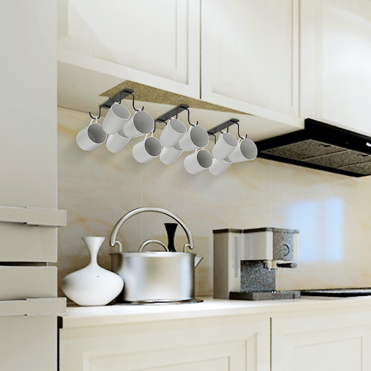 3PCS Mug Hooks Under Cabinet,Coffee Cups Holder with 12 Mug Hooks,Metal Mugs Hooks Under Shelf for Mugs,Coffee Cups and Kitchen Utensils (Silver)