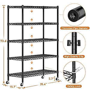 REIBII Wire Shelving Rack Garage Shelving with Wheel 5 Tier Metal Shelving Unit 1750LBS Adjustable Wire Shelf for Garage Storage Shelves Rolling Heavy Duty Shelving Metal Shelves for Storage Pantry