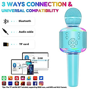 Wireless Bluetooth Karaoke Microphone with Controllable LED Lights, 5-in-1 Portable Mic Speaker Player Recorder, Great Toys Birthday Gifts for 3 4 5 6 7 8 Years Old Girls Boys (Blue)