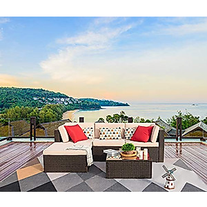 Devoko 5 Pieces Patio Furniture Sets All Weather Outdoor Sectional Patio Sofa Manual Weaving Wicker Rattan Patio Seating Sofas with Cushion and Glass Table(Beige)