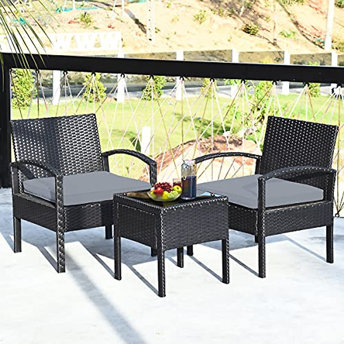 Tangkula 3 Piece Patio Conversation Set, Outdoor Rattan Sofa Set with Seat Cushions & Coffee Table, Patio Wicker Furniture Set for Garden Balcony Backyard Poolside (Grey)