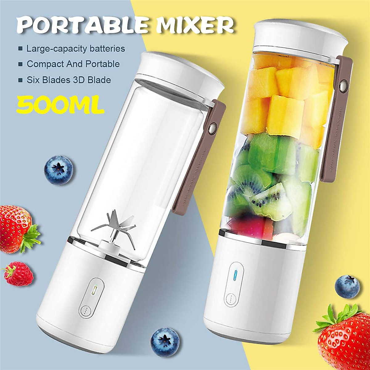 Portable Personal Blender, USB Rechargeable Glass Juicer Cup, 500ml with Travel Lid Small Fruit Mixer for Shakes and Smoothies