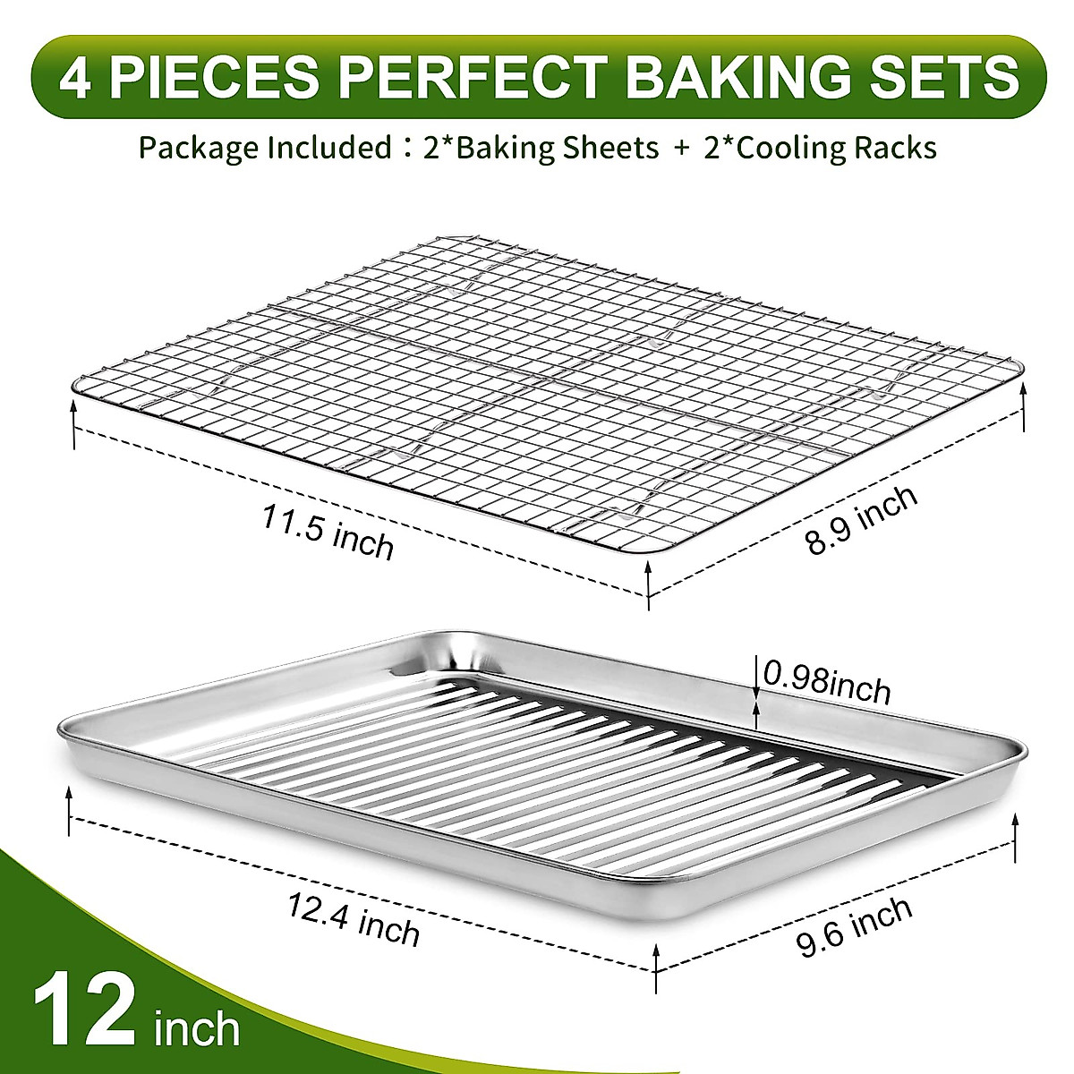 Quarter Sheet Pan with Rack Set (2 Baking Pans + 2 Cooling Racks), CEKEE Stainless Steel Cookie Sheets for Baking and Wire Rack Set, Nonstick & Warp Resistant & Heavy Duty, Size 12 x 10 x 1 Inches