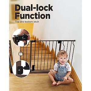 Ciays Baby Gate, 29.5” to 45.3” Dog Gate for Stairs Doorways and House, Auto-Close Safety Metal Child Gate for Babys Dogs with Alarm, Pressure Mounted, Brown