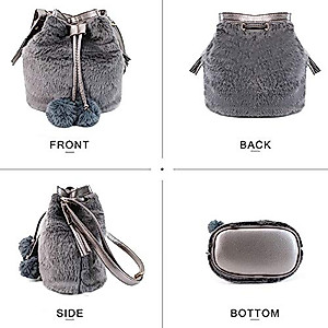 Ships From US-Women Faux Fur Shoulder Bag Handbag Bucket Bag Drawstring Bag Cross Body Bag (Gray 5)