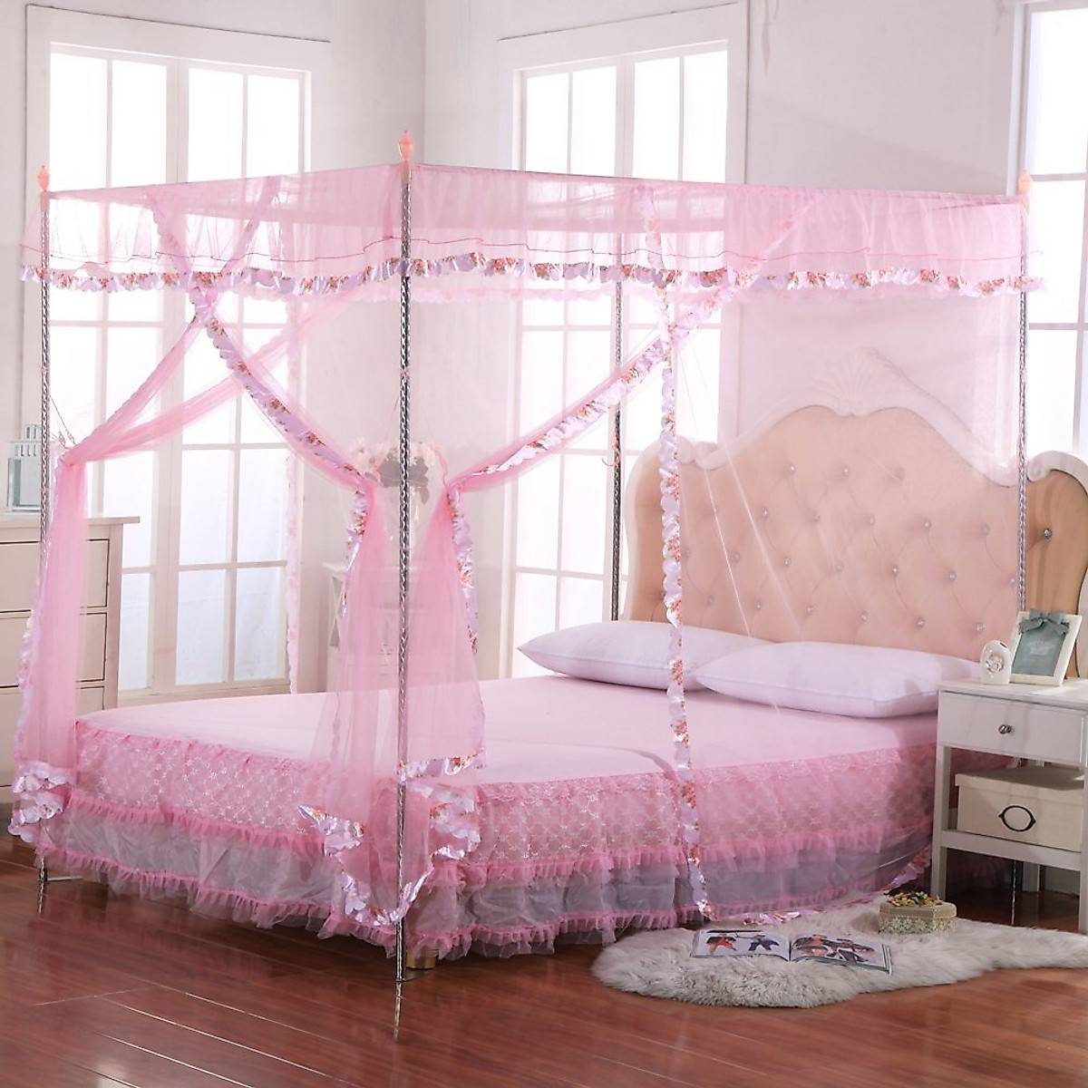 JQWUPUP Twin Canopy Bed Curtains - 4 Corner Canopy for Beds, Bed Canopy for Girls Adults, Bedroom Decor (Twin Size, Pink)