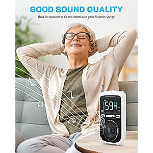 Greadio Portable AM FM Radio, Walkman Transistor Battery Radio with Rechargeable 900mAh Battery, Best Reception, Digtal LCD Screen, Time Seting Pocket Mini Radio for Home, Office, Kids (White)