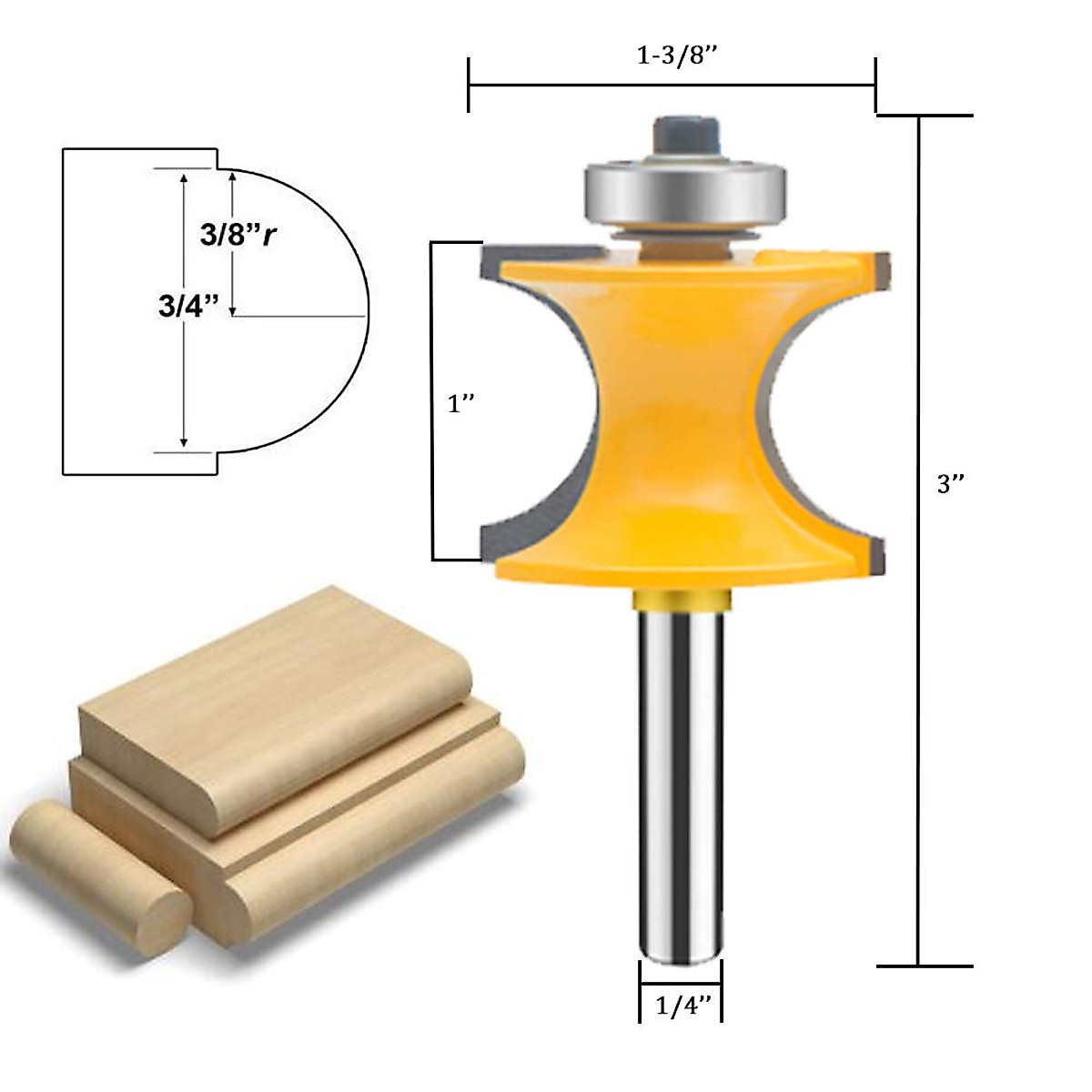 TAIWAIN 5PCS Router Bit Set Woodworking Cutter 1/4 Inch Shank, Half Round Bearing Bullnose Milling Cutter Bits, Carbide Tipped Round Edge Cutting Ball Blade Radius 1/8" 3/16" 1/4" 5/16" 3/8"