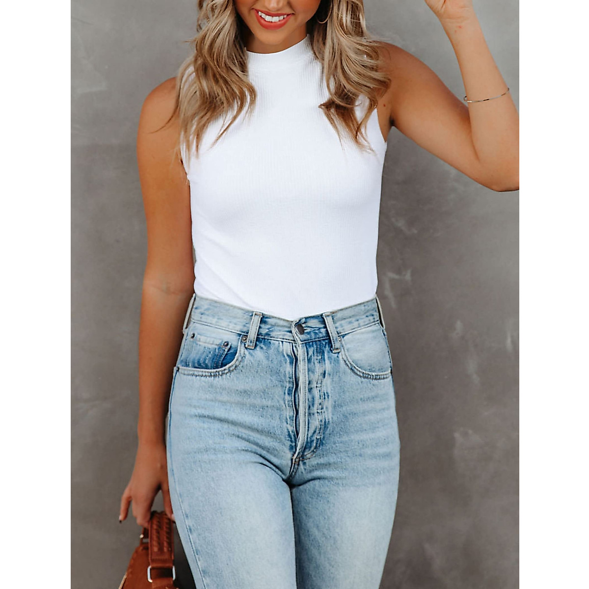 Areecin Women's Mock Neck Tank Tops Summer Sleeveless Pullover Tops Slim Fit Ribbed Shirts Casual Basic Blouses White L