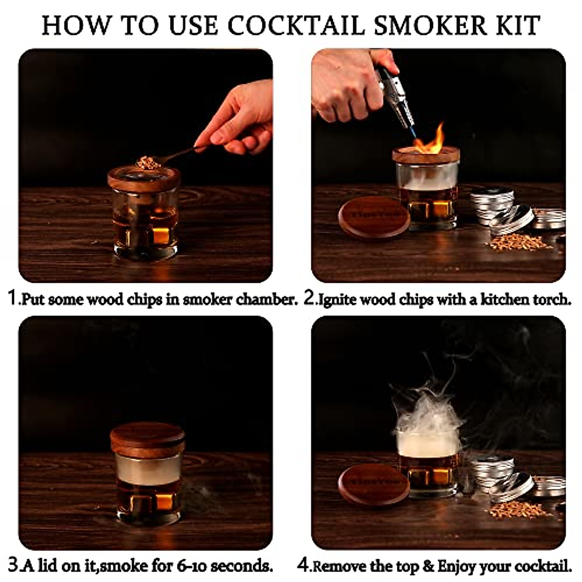 Tipsyoo Cocktail Smoker Kit with Torch Drink Smoker Old Fashioned Smoker Kit for Whiskey Bourbon Wine 4 Flavors Wood Chips Cherry Pecan Apple Oak Glass Infuser Kit Household Party Gifts for Men (No Butane)