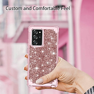 Pandawell for Galaxy Note 20 Ultra Case Glitter Sparkly Bling Heavy Duty Hybrid Sturdy High Impact Shockproof Protective Cover Case for Samsung Galaxy Note 20 Ultra 5G 6.9 inch, Shiny Rose Gold