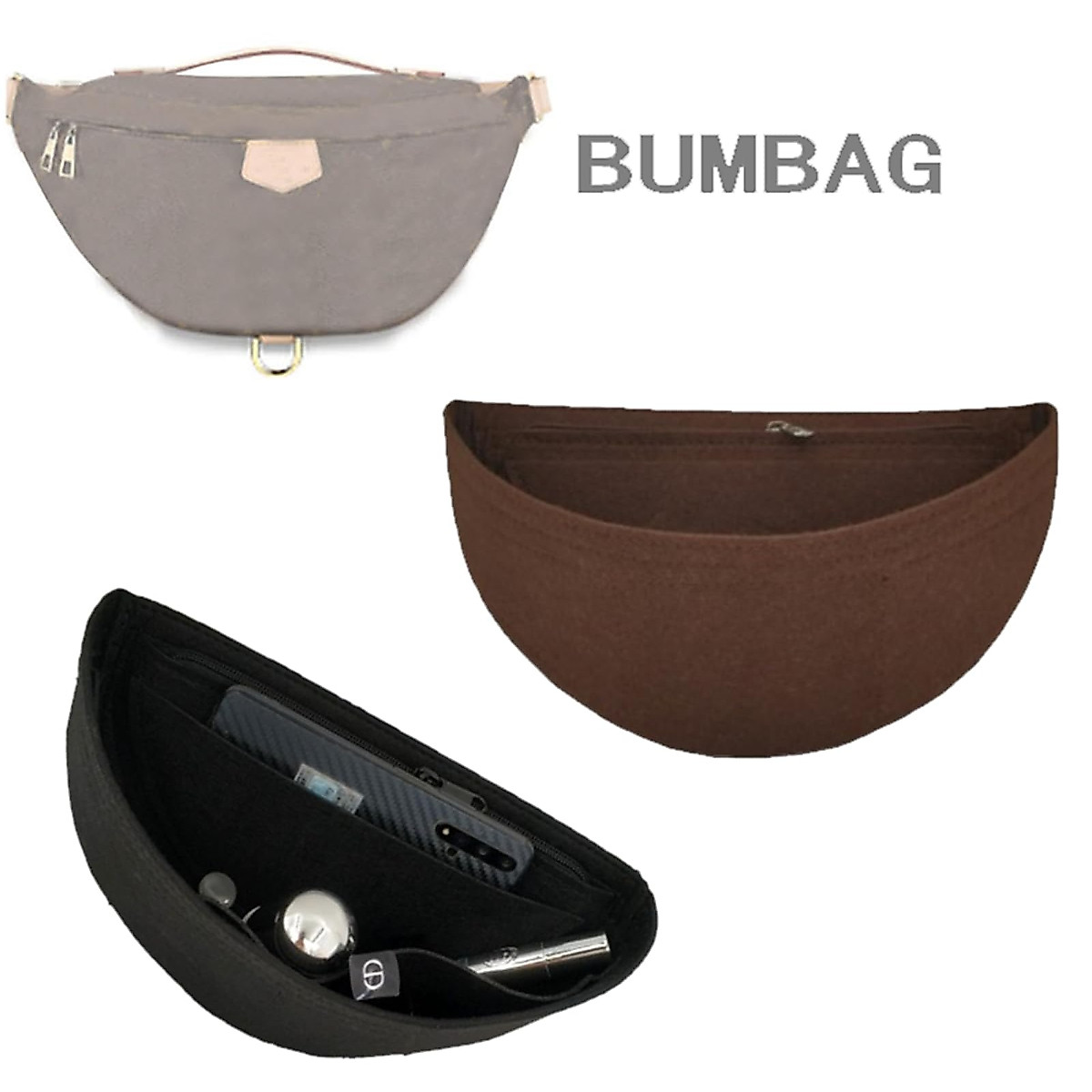 Purse Organizer Insert for Waistpack Inner Sleeve BUMBAG Lining Bag Storage Bag2047Dark brown