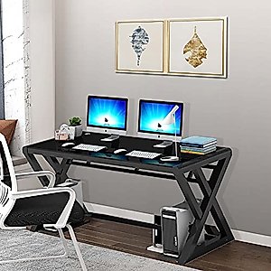 URRED Computer Desk Glass Top - Metal Frame Desk Table for Computer Desk Gaming Modern Study Office Work Writing Desks Table for Home Office Small Black (Z-55.1 inch)
