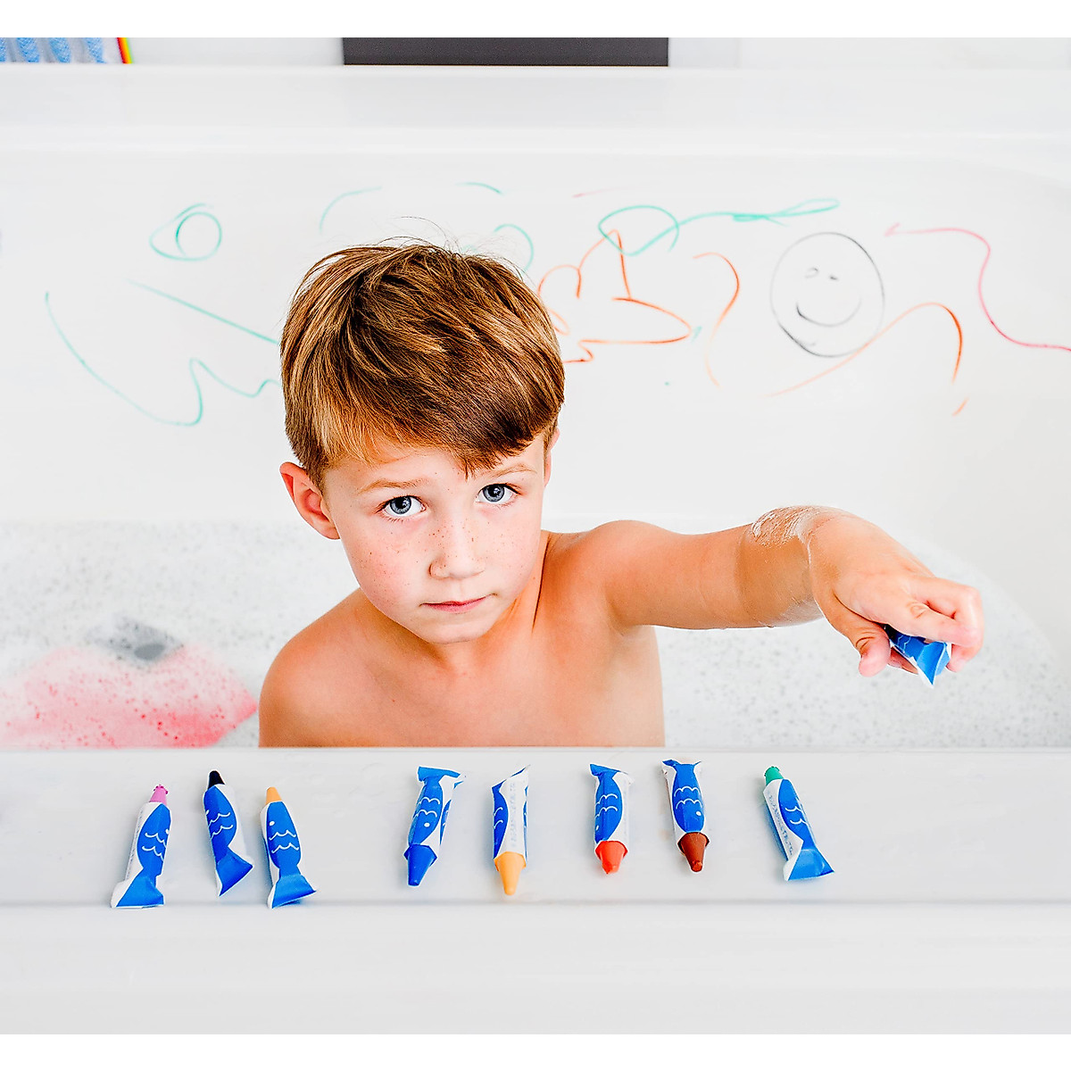 Kitpas English Label Bathtub Crayons 10 Colors with Sponge, For Kids Ages 3+, Bright Colors, Erasable with a Wet Sponge