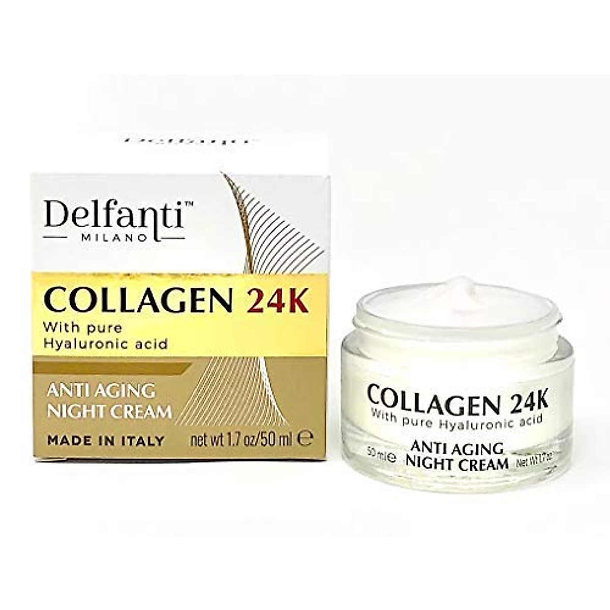 Delfanti-Milano • COLLAGEN 24K • Anti-Aging Night Cream • Face and Neck Moisturizer with pure Hyaluronic Acid • Made in Italy