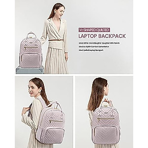 LOVEVOOK Laptop Backpack for Women, Large Capacity Travel Backpack with Luggage Strap, Stylish Women Backpack with USB Port, Quilted Work Backpack for College Business 15.6 Inch, Light Dusty Pink