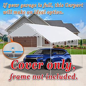 Strong Camel Carport Conopy Cover 10'x20' Replacement for Car Tent Outdoor Top Garage Shelter with Ball Bungees,Without Edge,White(Only Cover, Frame Not Included)