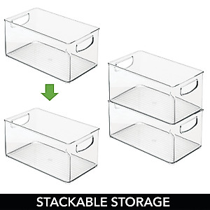 mDesign Plastic Stackable Bin with Handles and 11.5" Round Fluted Lazy Susan Turntable Divided Spinner Combo Set for Organization in Bathroom, Closet, Cabinet, or Vanity Countertop - Set of 2 - Clear