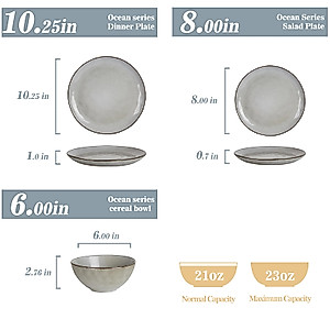Famiware Dinnerware Sets for 4, Ocean Round 12-Piece Kitchen Plates and Bowls Sets, Reactive Glaze, Microwave and Dishwasher Safe, Scratch Resistant, Grey