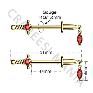 CM Crareesi Mania Dagger Nipple Ring 14G Gold Nipple Rings 316L Surgical Steel Nipple Piercing Jewelry Dangle Nipple Rings Dangling Nipple Piercing Jewelry