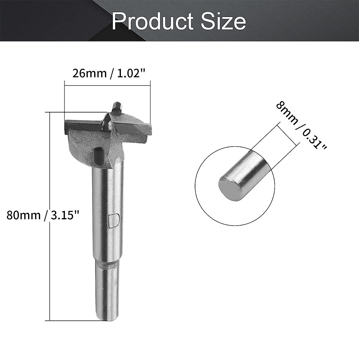 Utoolmart Forstner Drill Bits, 26mm Cemented Carbide Wood Cutter Tool, Round Shank Woodworking Hole Saw Cutter, 80mm Length Woodworking Hole Boring Bit, Gray, 1 Pcs