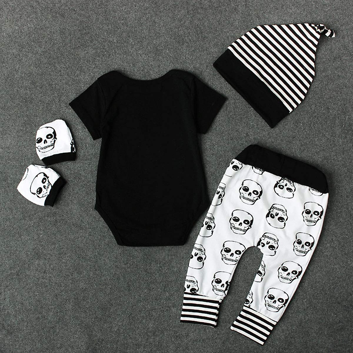 puseky 4pcs Newborn Baby Boys Girls Skull Romper+Pants+Hat+Mitten Halloween Outfit Set (0-6 Months, Black+White)