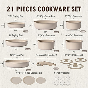 CAROTE 21pcs Pots and Pan Set Non Stick, Nonstick Induction Cookware, Detachable Handle Cookware Set, Removable Handle, RV Oven Safe Cookware, Taupe
