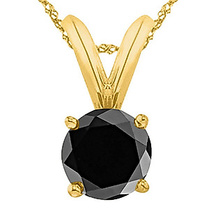 3 Carat 14K Yellow Gold Round Black Diamond 4 Prong Solitaire Pendant Necklace (AAA Quality) W/ 16" Gold Chain