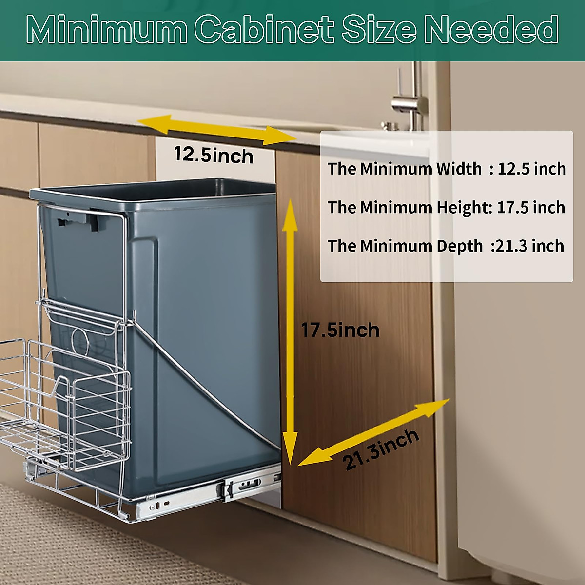 Pull Out Trash Can with Removable Metal Basket, Stainless Steel Kitchen Adjustable Trash Slide Out Shelf, Cabinet Trash Can Pull Out Kit, Fit 7-11 Gallon Garbage Can (Trash Can Not Included, Silver)