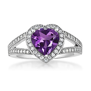 Gem Stone King 925 Sterling Silver Purple Amethyst and White Moissanite Ring For Women (2.31 Cttw, Gemstone February Birthstone, Heart Shape 8MM, Available In Size 5,6,7,8,9)