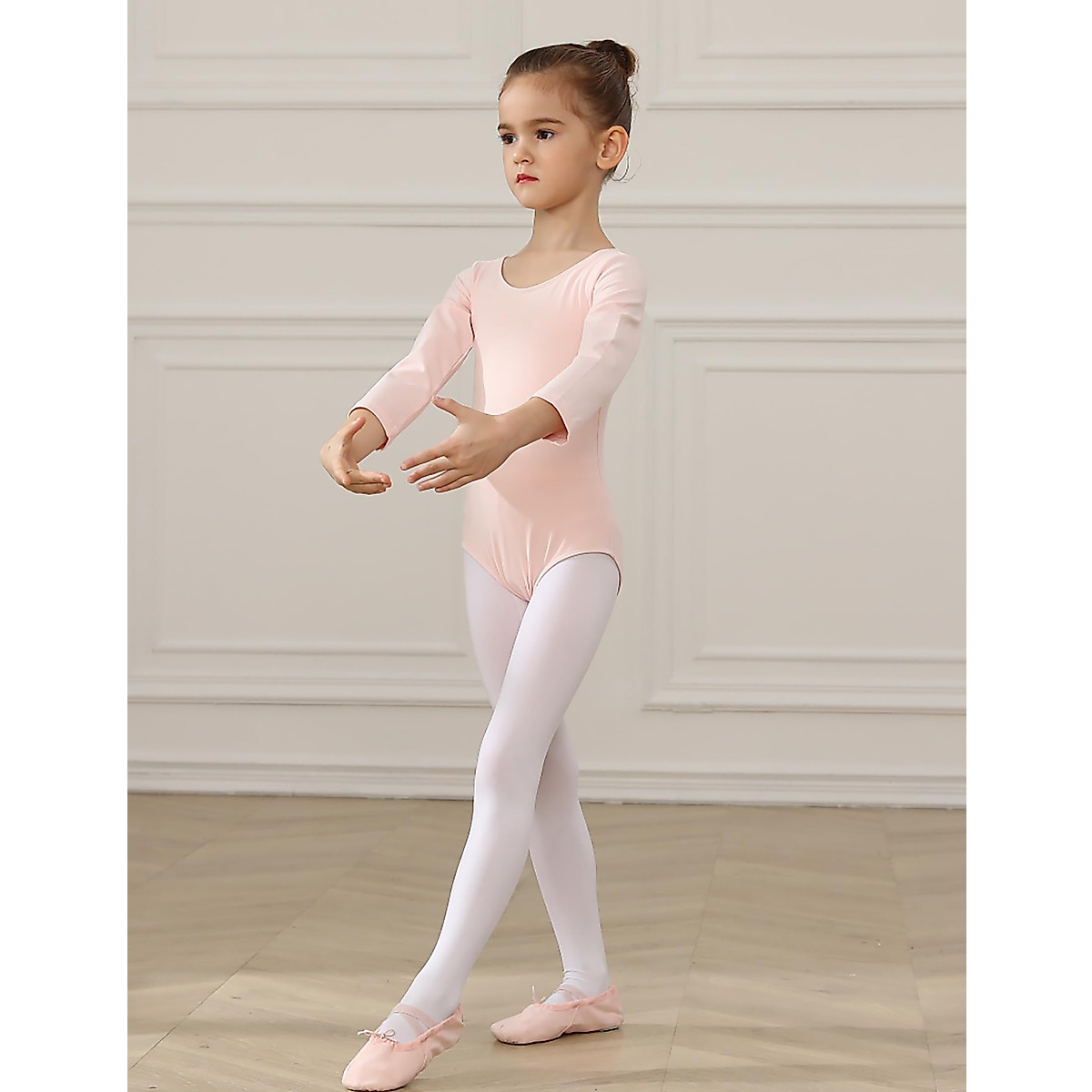 HIPPOSEUS Team Basic Long Sleeve Ballet Leotard for Girls and Toddlers Gymnastics Ballet Dance, AM0019-Light Pink, 11-12 Years