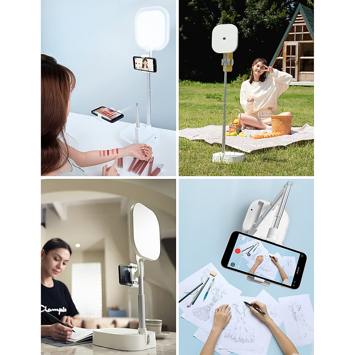 Viozon Extendable Selfie Stand,Height&Angle Adjustable,Overhead 360° Rotate,2 Phone Holders,Rechargeable Wireless Foldable 15 Brightness LED Light for Live Streaming/YouTube/Tiktok/Video/Makeup