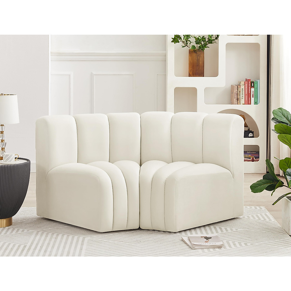 Meridian Furniture 103Cream-S2B Arc Collection Modern | Contemporary Modular Sofa with Soft Cream Velvet, Deep Channel Tufting, Modular Design, 60 W x 33 D x 30 H, Cream
